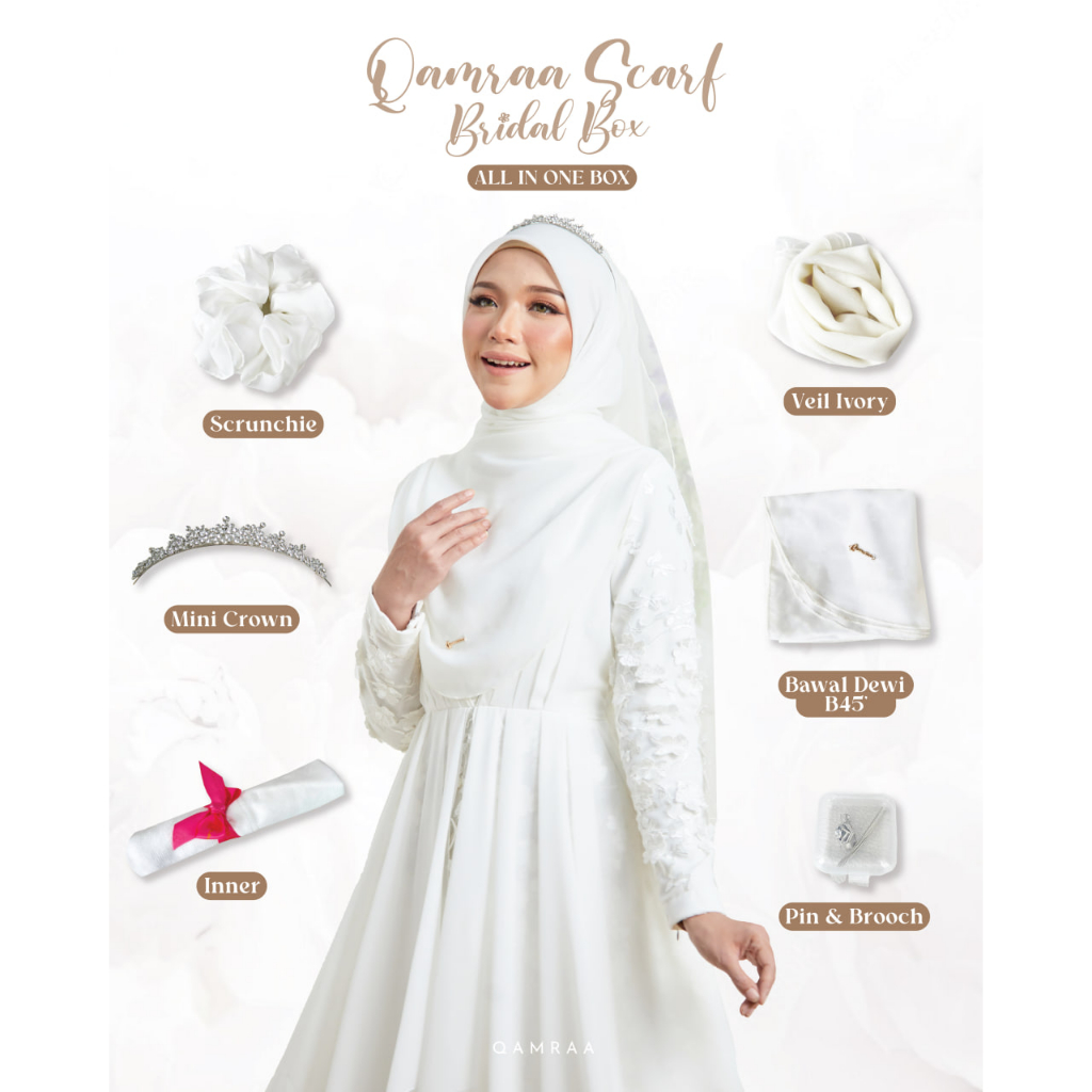 QAMRAA SCARF BRIDAL BOX (ALL IN ONE BOX) BAWAL 48 52 SHAWL OFFWHITE SET ...