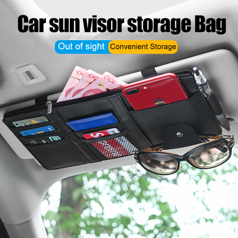 Car Sun Visor Organizer with Zipper Storage Bag PU Leather Car Sun ...