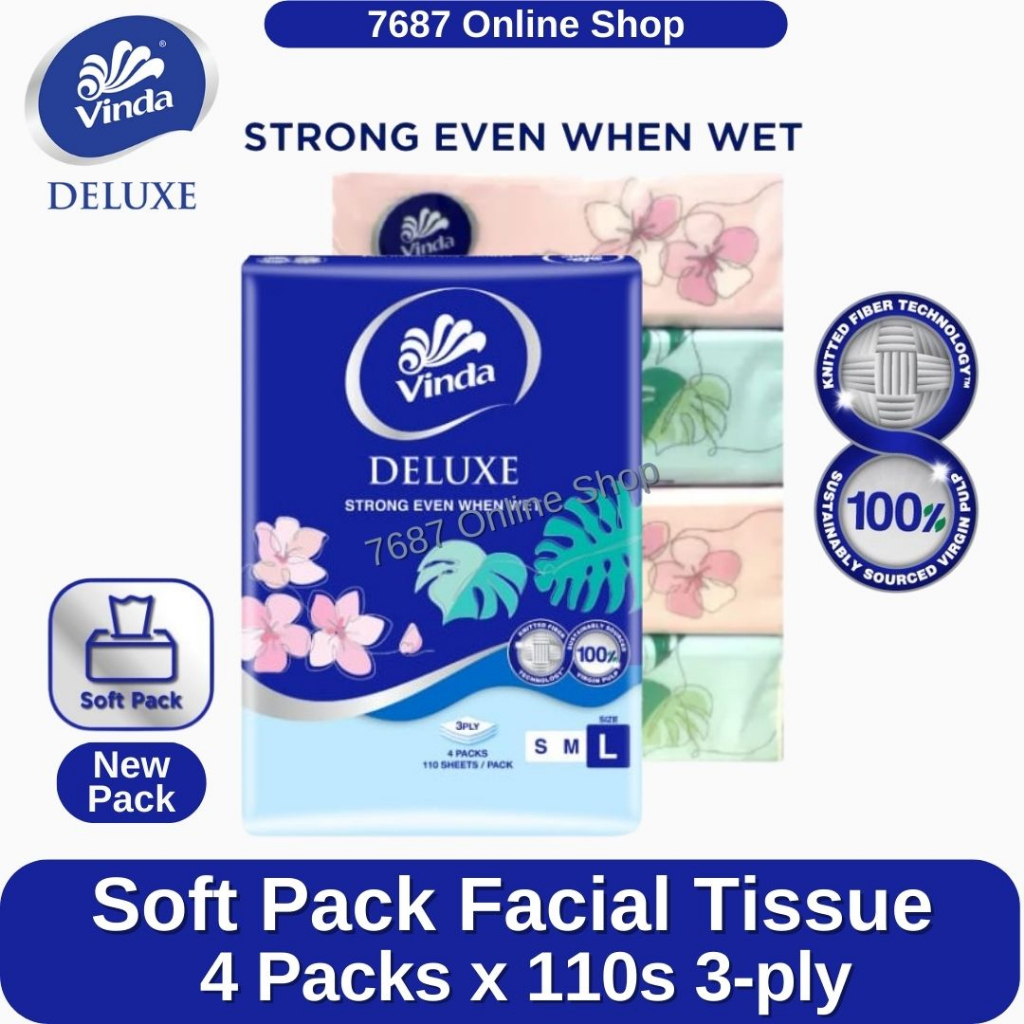 Vinda Deluxe Soft Pack Facial Tissue Large 3ply - 110's x 4 Packs - Tisu Muka - 纸巾 | Shopee Malaysia