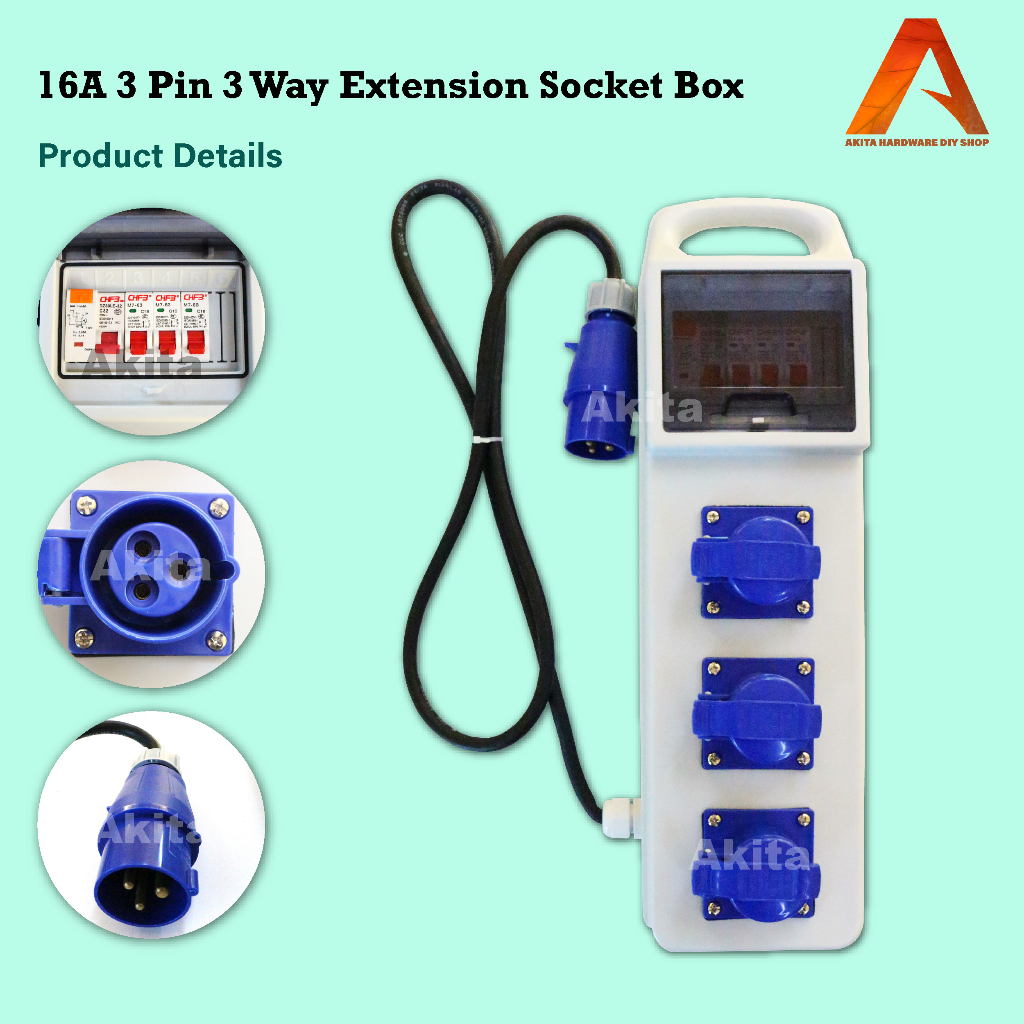 16A 3Pin 3Way IP66 Portable Industrial Plug & Socket Combination Box with Cable IP44 Extension ...