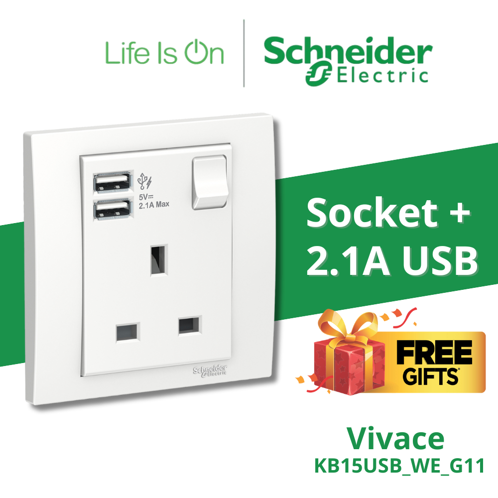 Schneider Electric Vivace Series 13A 1 Gang Power Socket Outlet + USB ...