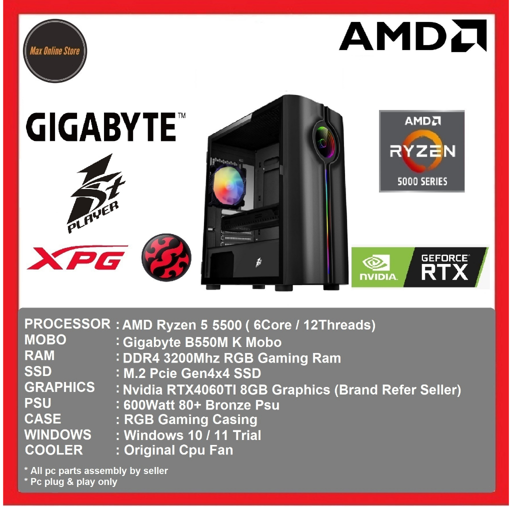Gaming PC Desktop AMD Ryzen 5 5500/8GB/16GB/256GB SSD/512GB SSD ...