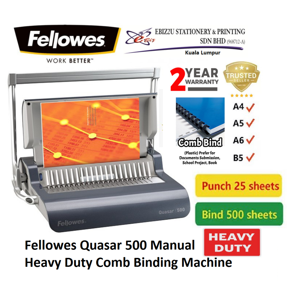 Fellowes Quasar 500 + Manual Heavy Duty Comb Binding Machine ( binding ...