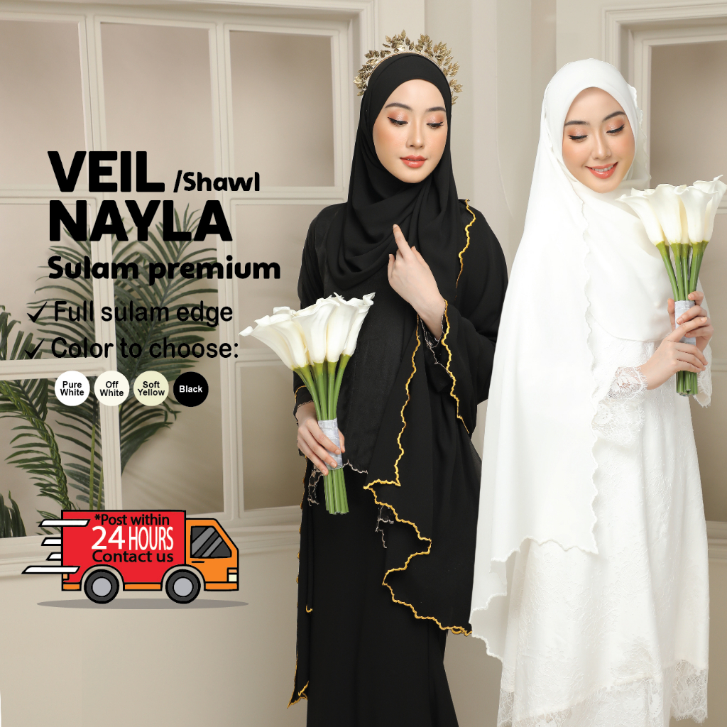 [NAYLA VEIL] PREMIUM Selendang Nikah, Selendang Sulam, Veil Off White ...