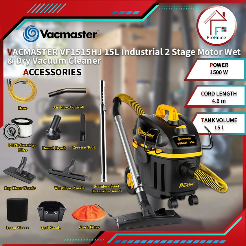 VACMASTER VF1515HJ 15L 1500W Industrial 2 Stage Motor Wet & Dry Vacuum ...