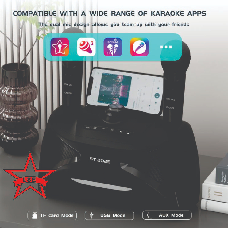 SDRD ST-2025 WIRELESS BLUETOOTH 5.0 LED SPEAKER RECHARGEABLE DUAL MICROPHONE KARAOKE FAMILY KTV ...