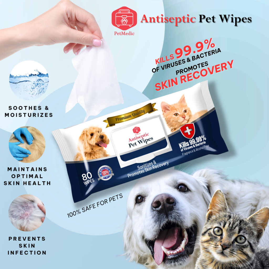 PetMedic Antiseptic Pet Wipes (80 Wipes) Antibacterial Pet Wet Tissue Wipe for Cat and Dog ...