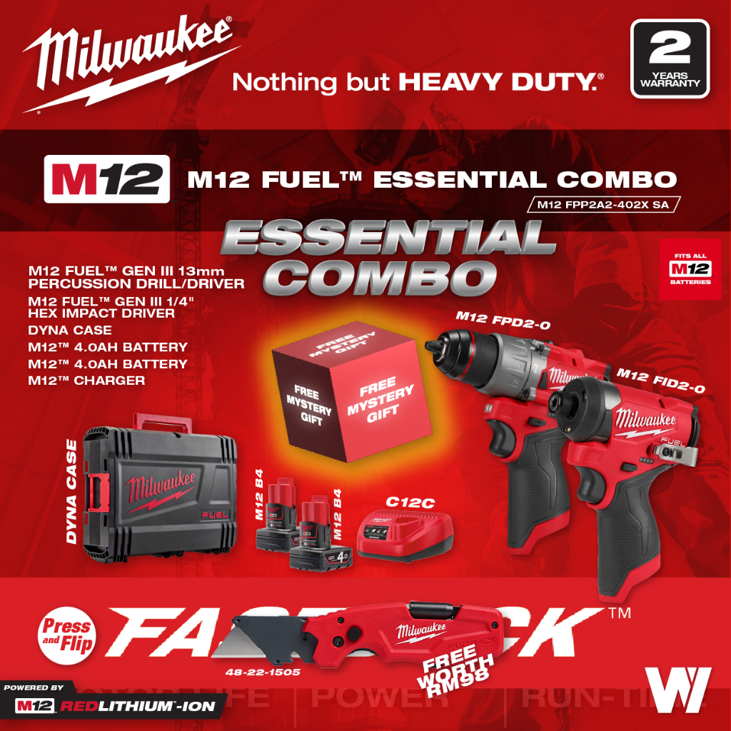 Milwaukee M12 Essential Combo M12 FPP2A2-402X SA / Zero Hero M12 FPD ...