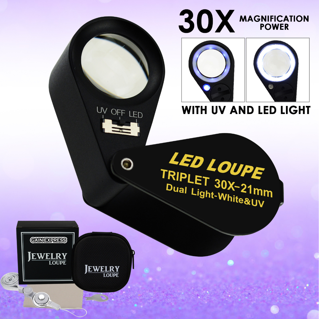 30x Portable Handheld Magnification Jewelry Loupe with UV & 6 LED Light ...