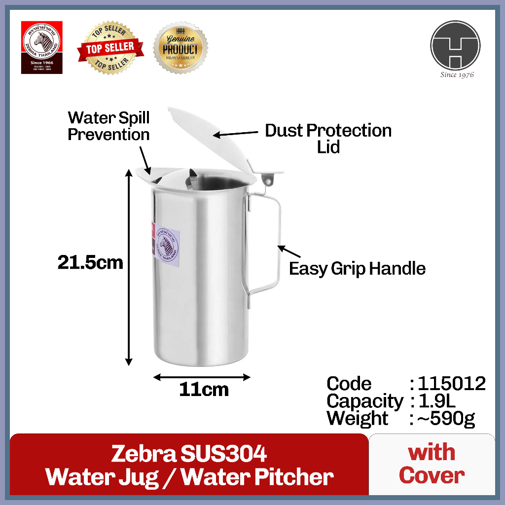 [TeoHin] 1.9L Zebra SUS304 Water Jug with Lid, Stainless Steel, Water ...