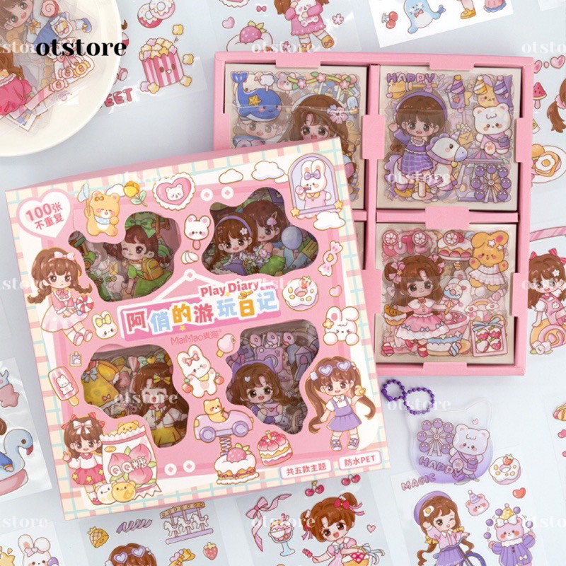 100pcs Sticker Gift Box Set Cute Cartoon Transparent Waterproof Sticky ...