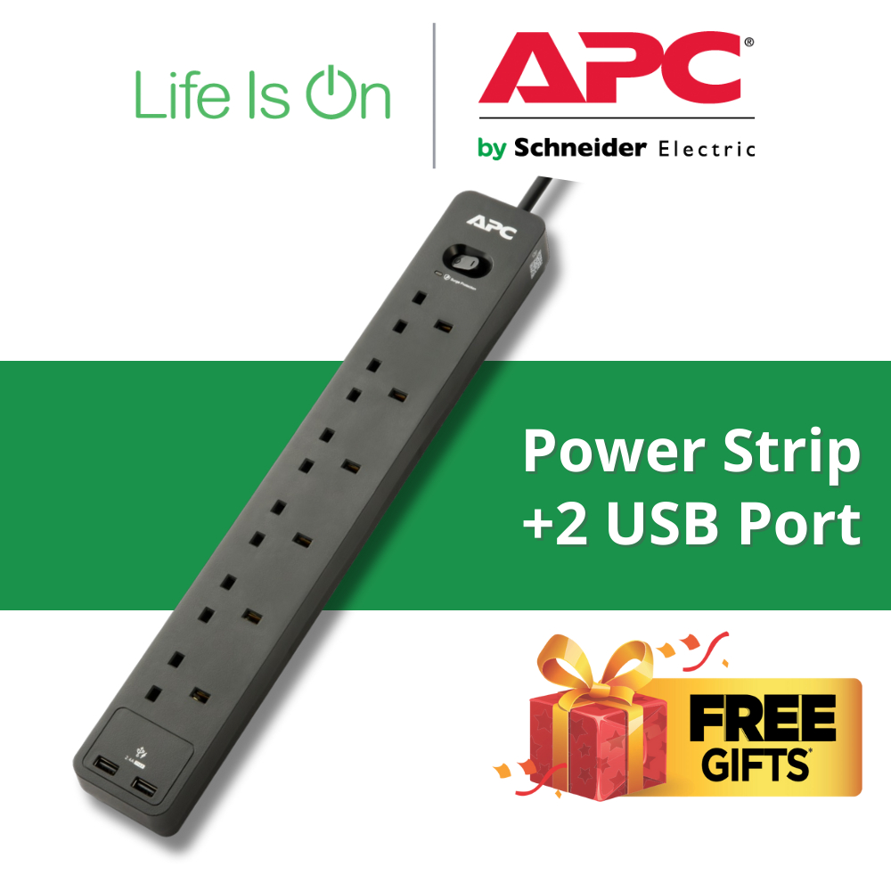 APC PME6B-UK / PME6U2B-UK (2-USB Port) 6 UK Plugs Power Strip Surge ...