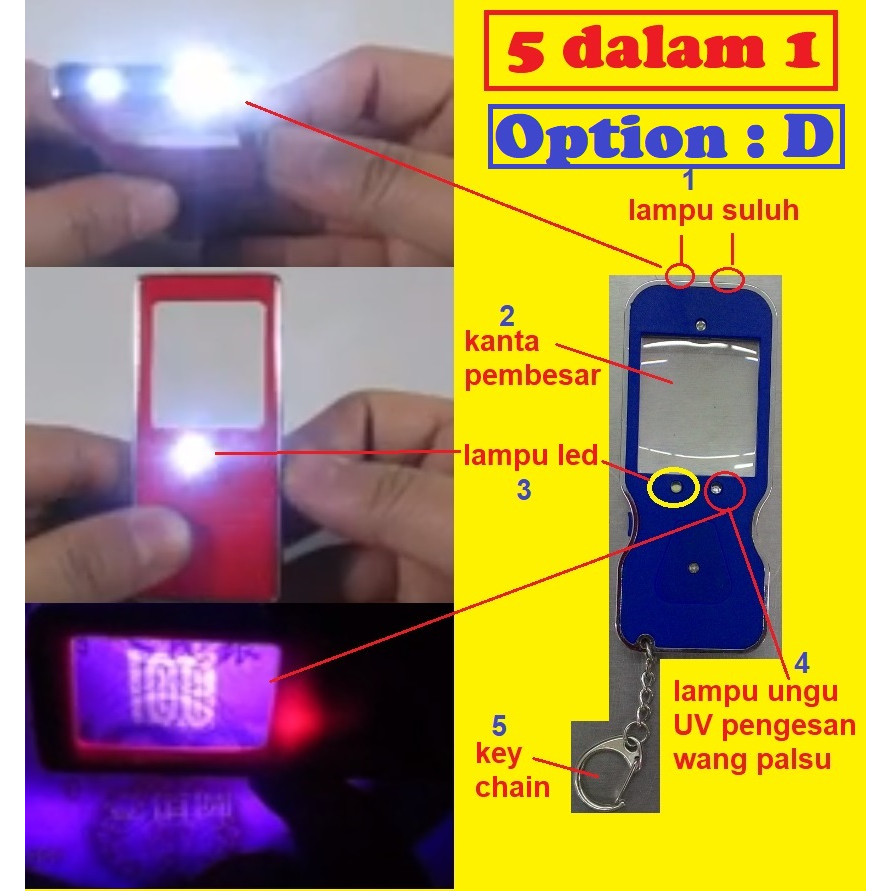 Lampu Kanta Pembesar LED Magnifying Glass Fake Money Detecter Detector ...