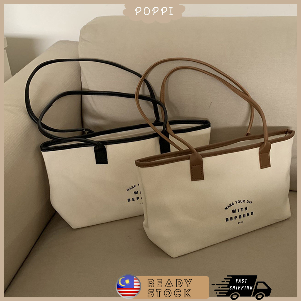 Poppi Korea Solid Canvas Shoulder bag Casual Leather Tote Bags Women | Shopee Malaysia