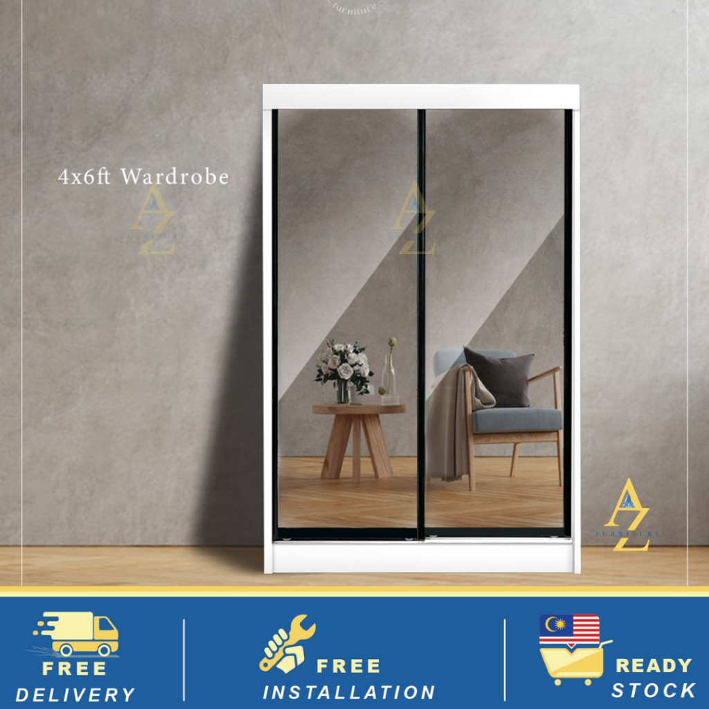 Free Installation | Sliding 2 Door Wardrobe Full Mirror (4ft x 6.5ft ...