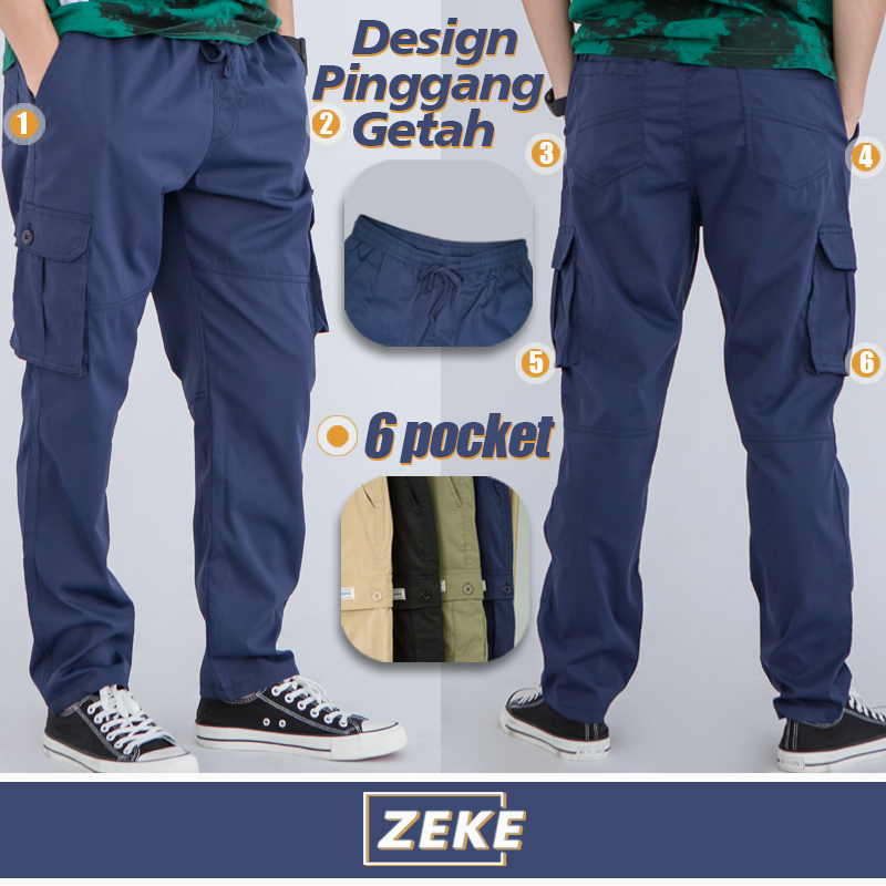 ZEKE Men Cargo Pants Straight Cut Seluar Kerja Lelaki Tactical Six Pocket Working Cargo Pant ...
