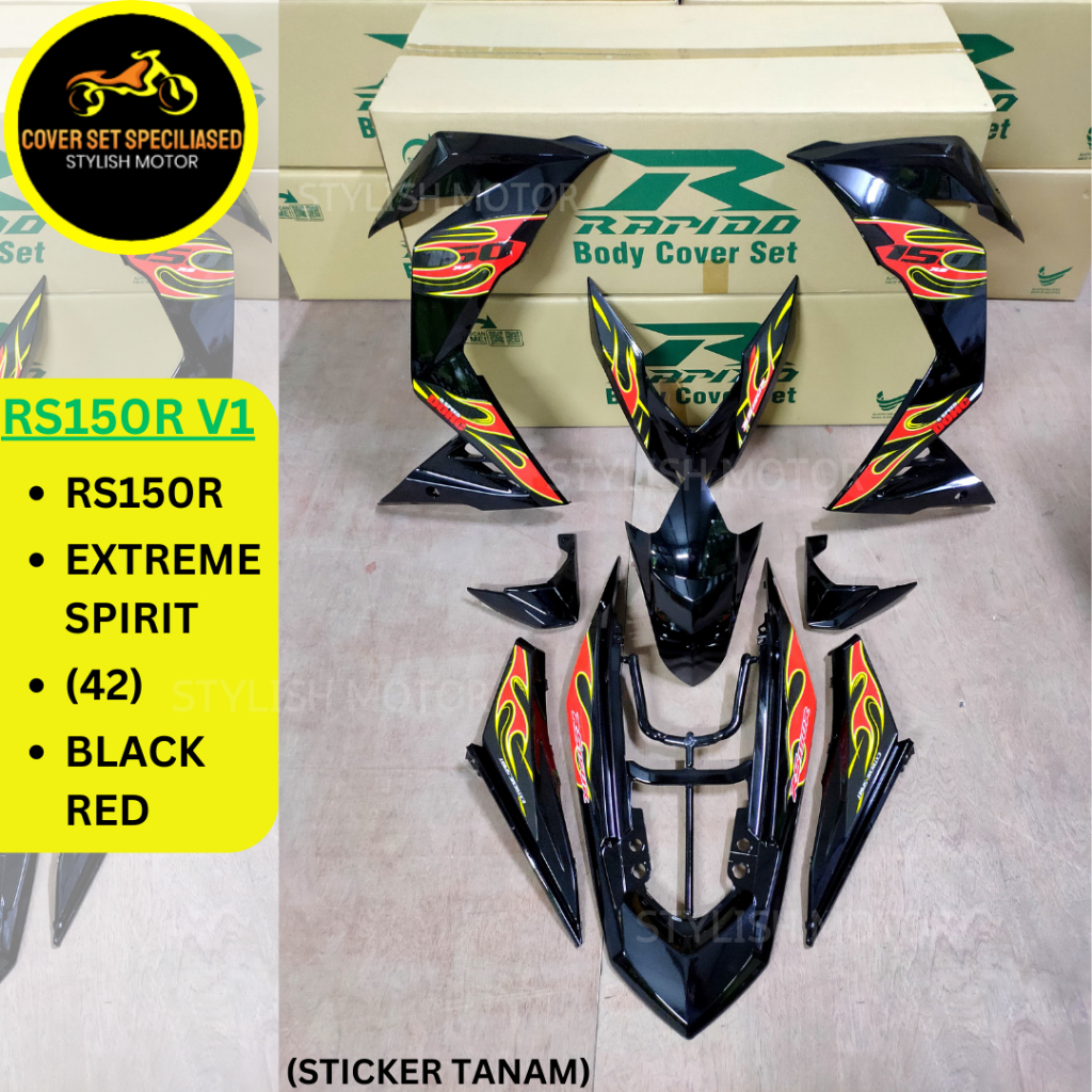 (STICKER TANAM/AIRBRUSH) RAPIDO COVER SET HONDA RS150 RS150R V1/V2/V3 EXTREME SPIRIT (42) BLACK ...