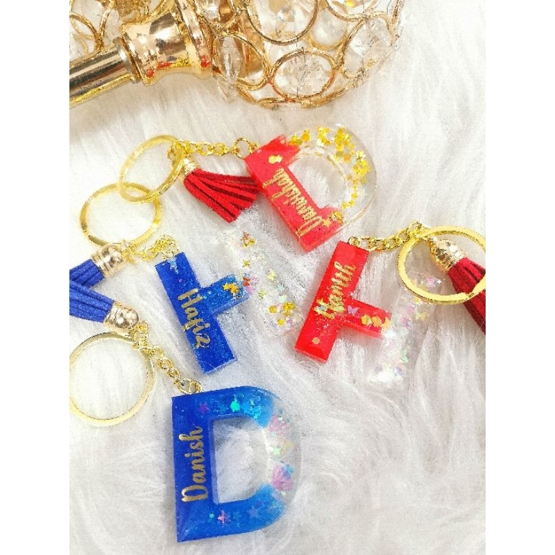 Alphabet Keychain Resin with tassel and Name | Engrave Wood Keychain ...