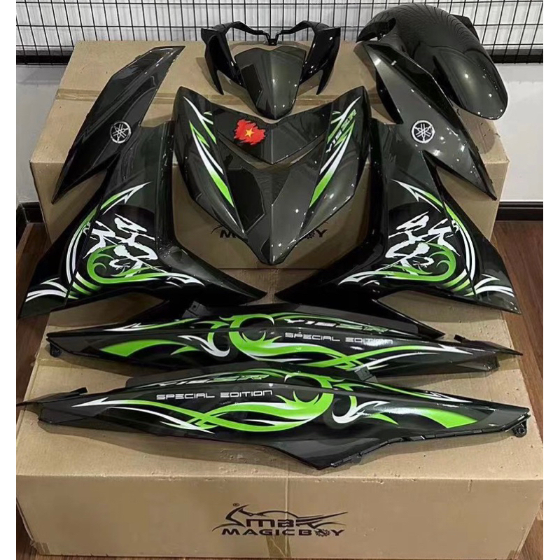 MAGIC BOY Y15 V2 KANJI BLACK.GREEN / BLACK BODY COVER SET (VIETNAM ORIGINAL LIMITED STICKER ...