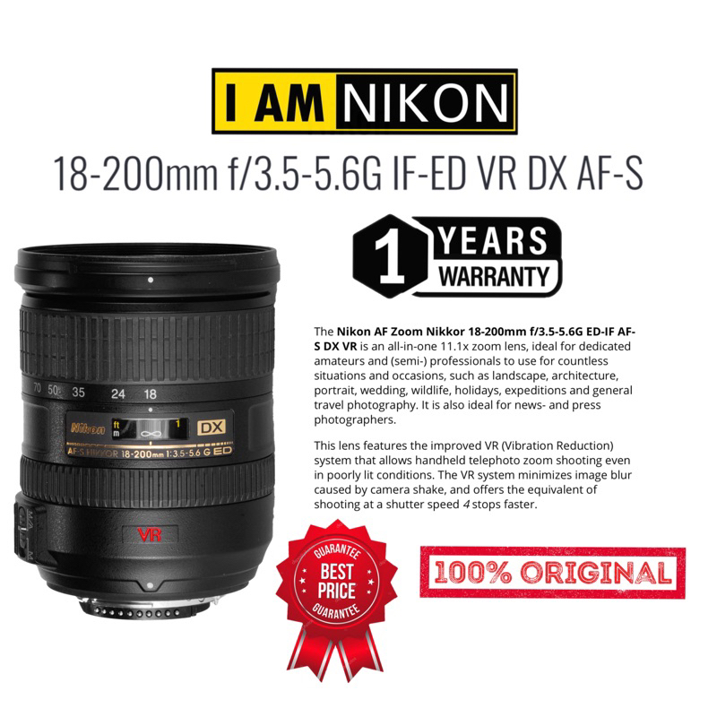 Nikon 18-200mm F/3.5-5.6G IF ED VR DX AFS Lens Wide angle+Super Zoom original (1 years warranty ...