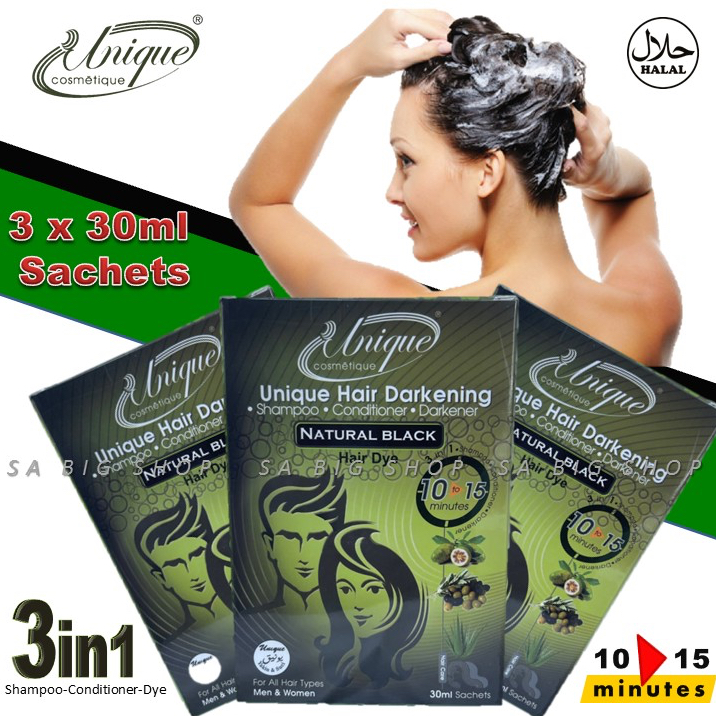 (Promotion) 3 Sachets (Black Colour) Hair Darkening Shampoo Unique ...