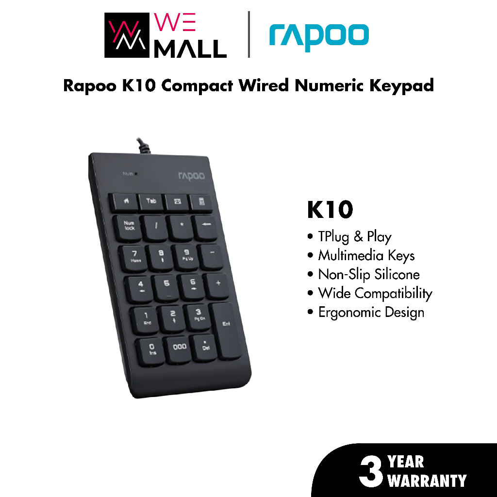 Rapoo K10 Compact Wired Numeric Keypad Number Pad Num Pad 23 Keys