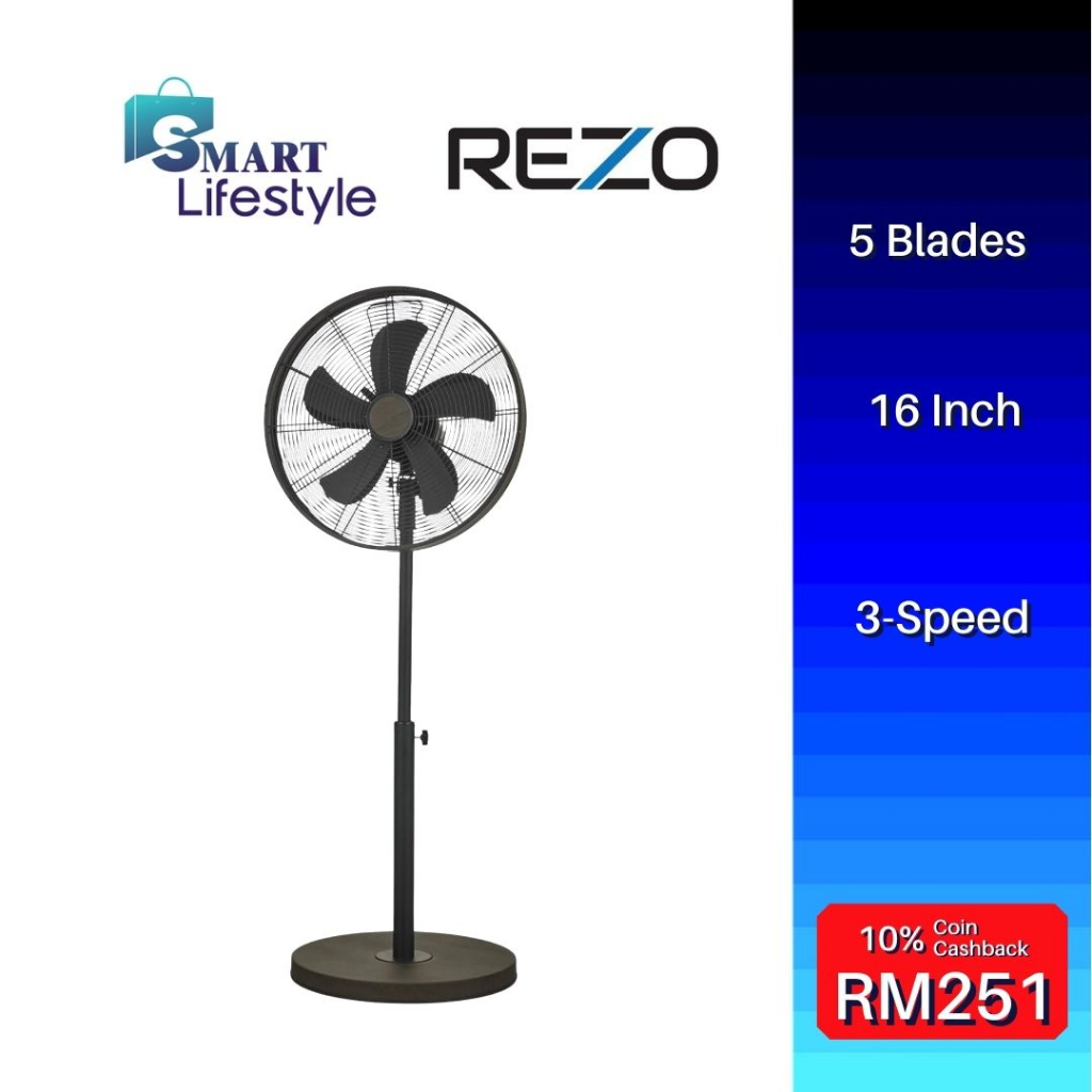Rezo Stand Fan (16 Inch) Heavy Duty Motor 3-Speed Adjustable Height ...