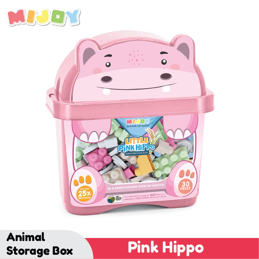 MIJOY Rice Husk Toy Blocks with Pink Hippo Animal Storage Box (30pcs ...