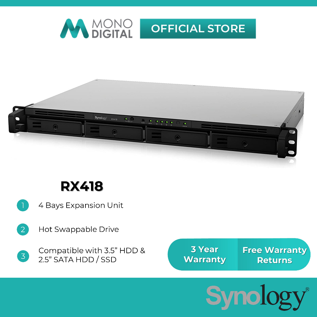 Synology RX418 NAS 4-Bays NAS Enterprise Sata HDD Expansion Unit for 1U ...