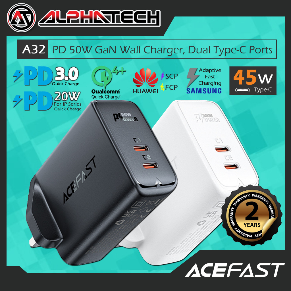 (2 Yr Warranty) ACEFAST A32 50W PD GaN Wall Charger, Dual Type-C Port ...
