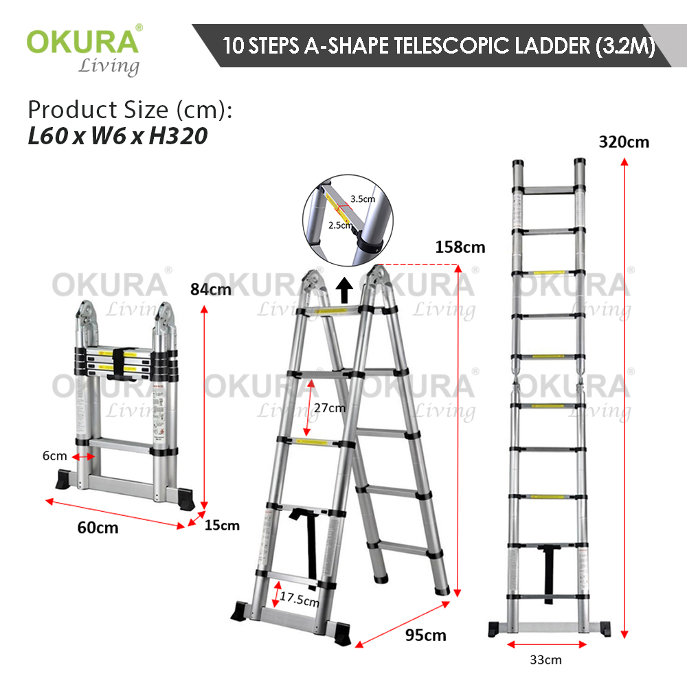 OKURA Multipurpose Telescopic Aluminum Ladder 3.2m/3.8m/4.4m Extendable Foldable Ladder ...