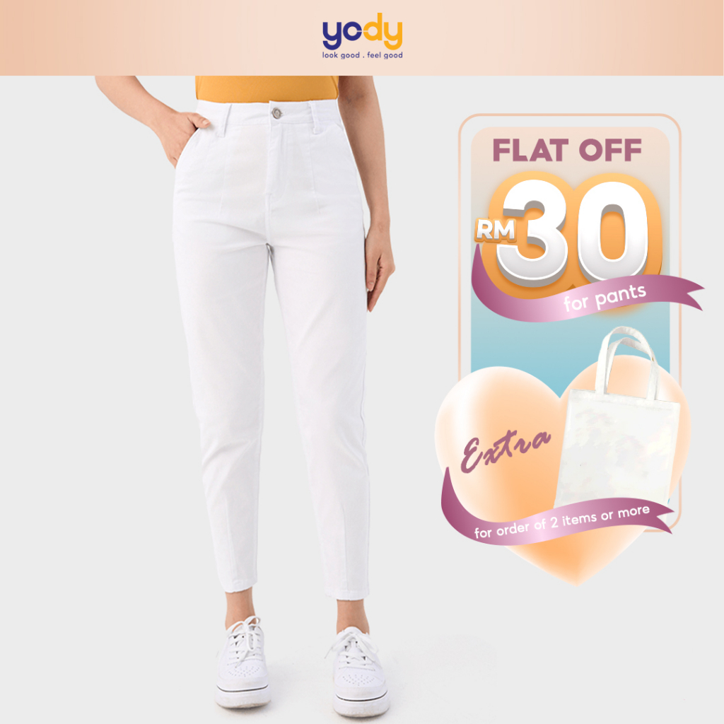 Women's Khaki Pants High Waist Seluar Perempuan White YODY Cotton USA ...