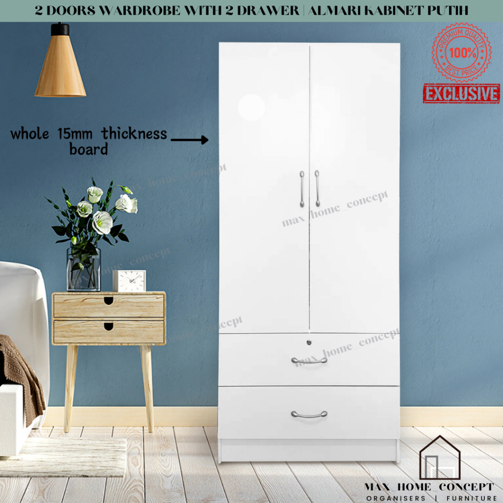 2 DOOR WARDROBE WITH 2 DRAWER | ALMARI LACI PUTIH | ALMARI BAJU ...