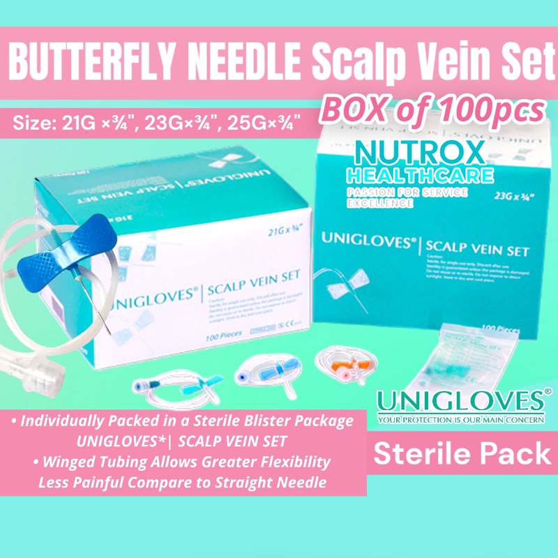 UNIGLOVES BUTTERFLY Scalp Vein Set (Full Box of 100pcs) 21G, 23G, 25G ...