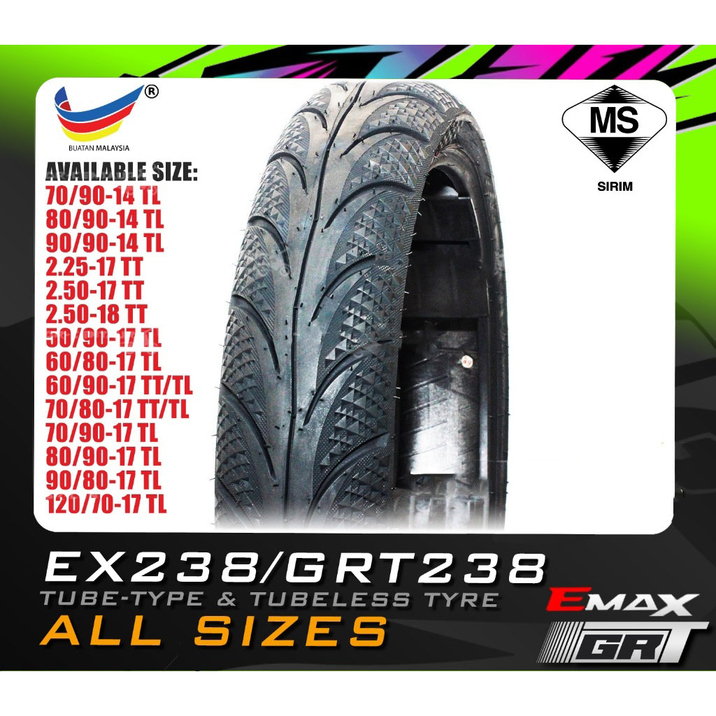 TAYAR MOTORSIKAL EMAX EX238 TUBELESS TYRE 0 50,60,70,80,90,120,2.25,2. ...