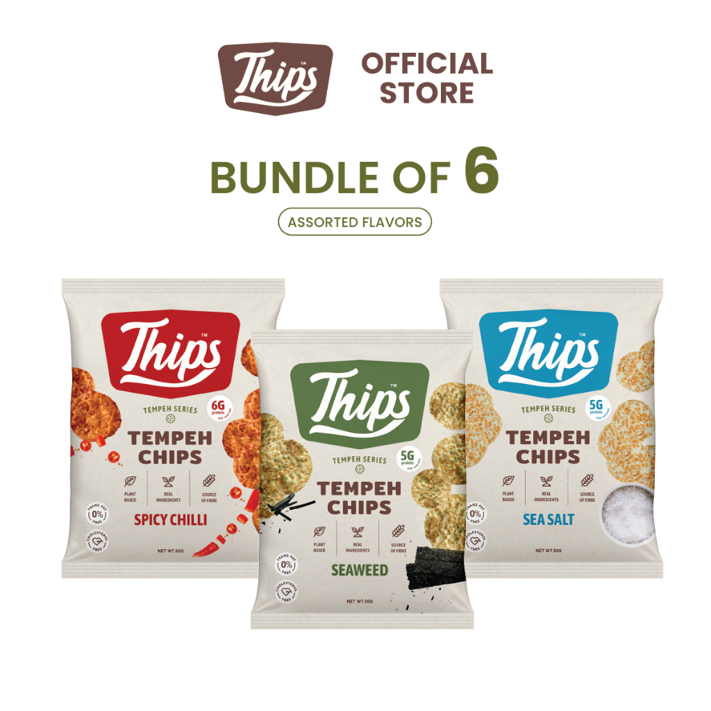 (Bundle of 6) Thips Variety Tempeh Chips (6 x 50g) Halal - 100% Tempe ...