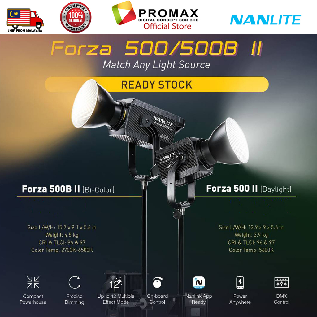 NANLITE FORZA 500B II /500 II / DAYLIGHT / BICOLOR 500W LED Spot Light ...