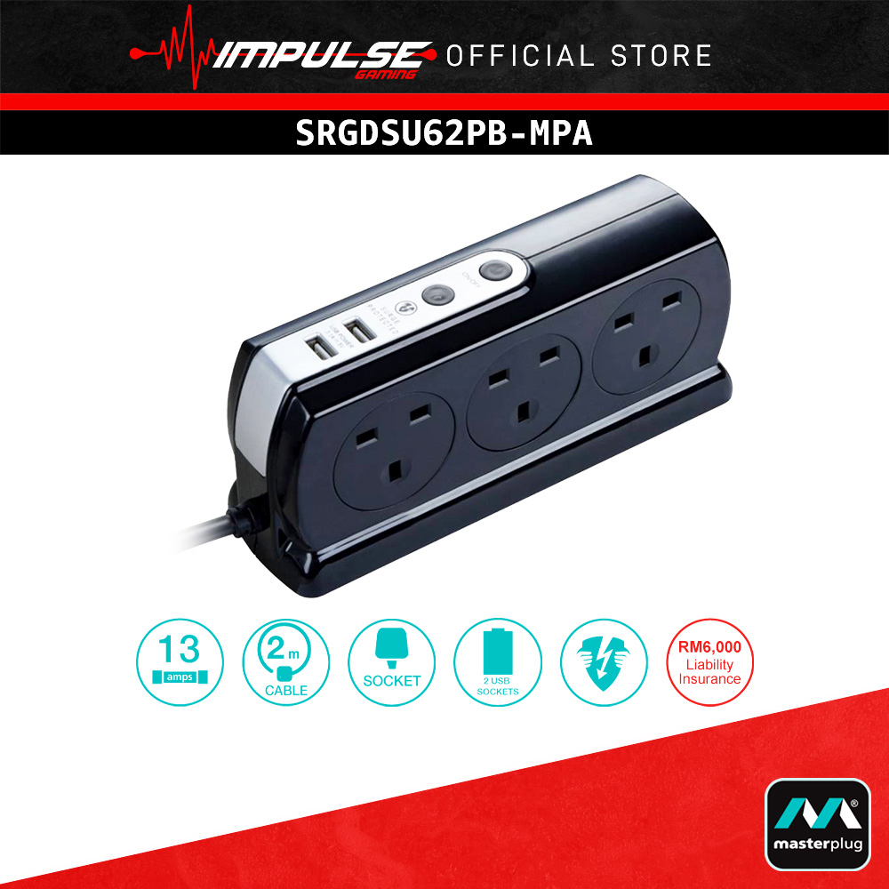Masterplug 2 Meter Glossy Black 6 Gang Power Block with Switch, Surge ...