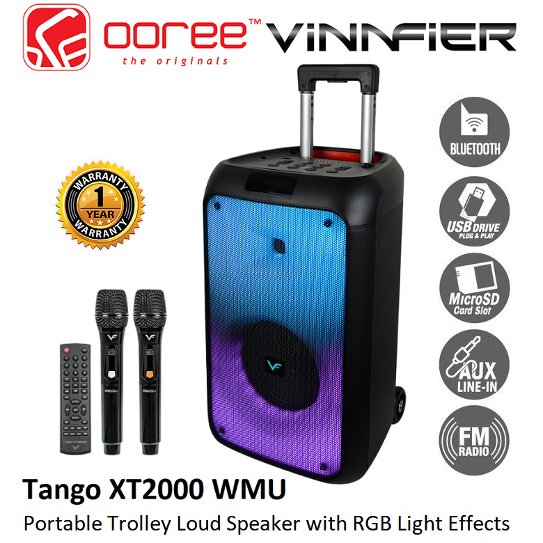 VINNFIER TANGO XT2000 WMU BLUETOOTH PORTABLE TROLLEY LOUD SPEAKER KARAOKE WITH 2 WIRELESS MIC ...