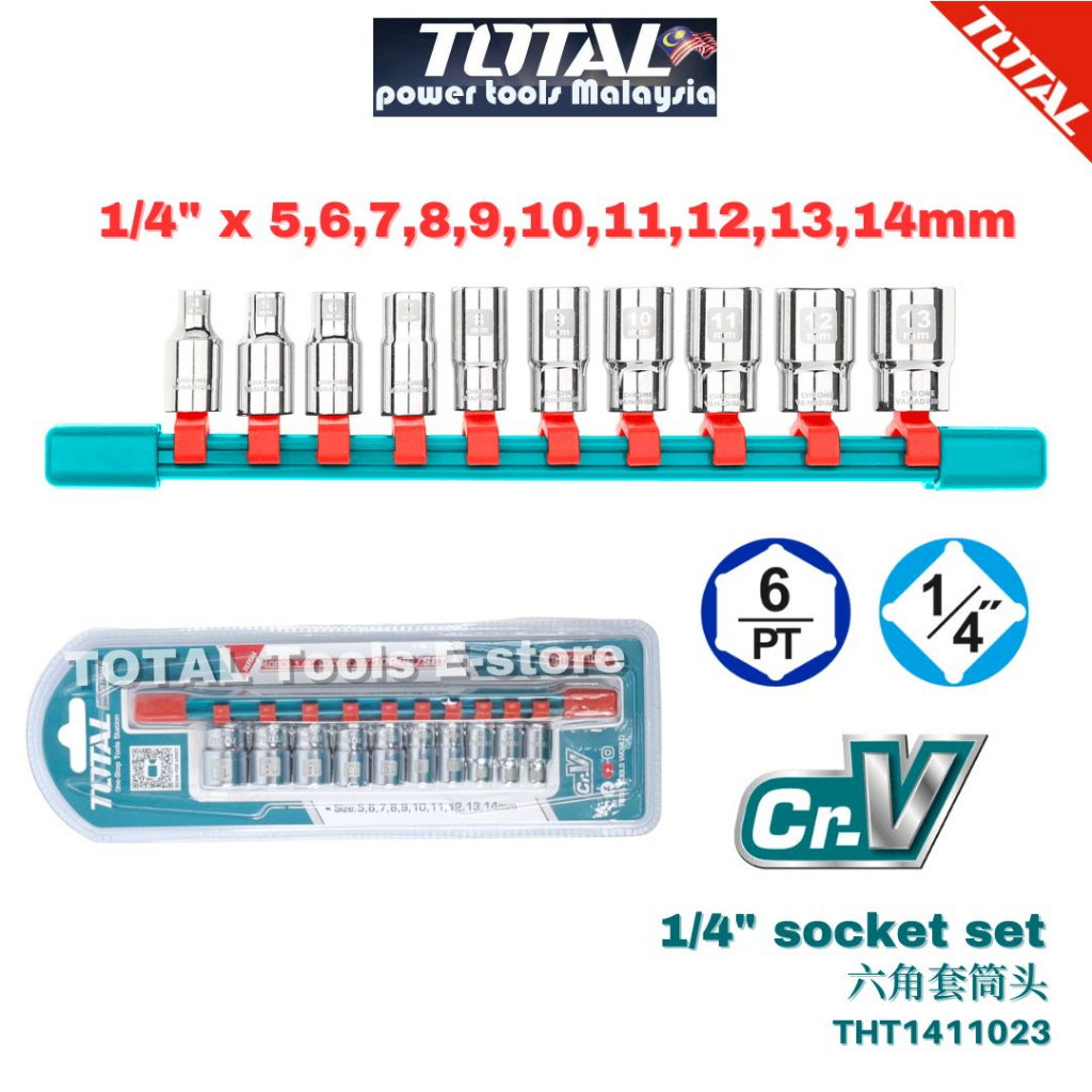 TOTAL 10 Pcs 1/4" x 5,6,7,8,9,10,11,12,13,14mm Hex Box socket set with ...