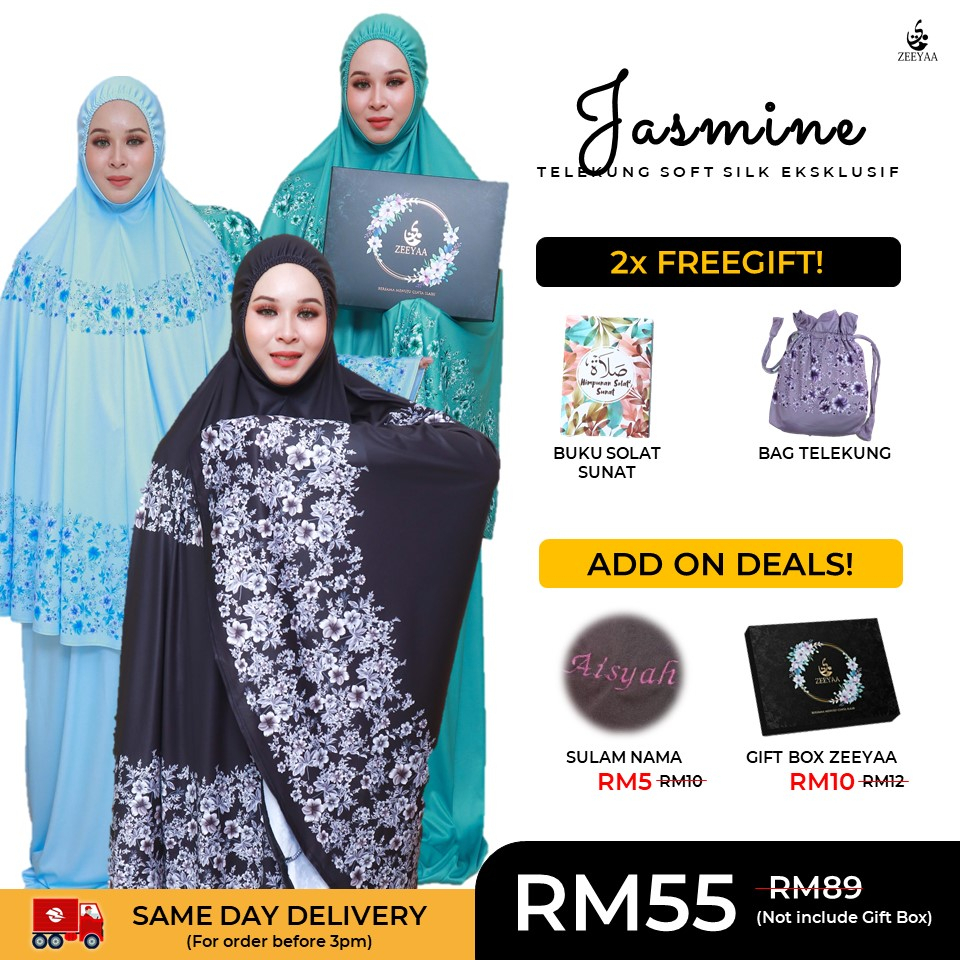 Zeeyaa Telekung Printed Jasmine Dewasa Percuma Beg Scrunchies Gift Set ...