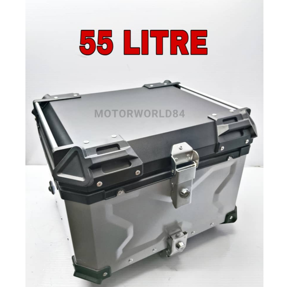 55 LITRE ALUMINIUM BOX AND TOP BOX BACKREST SILVER / BLACK BOX ALLOY ...