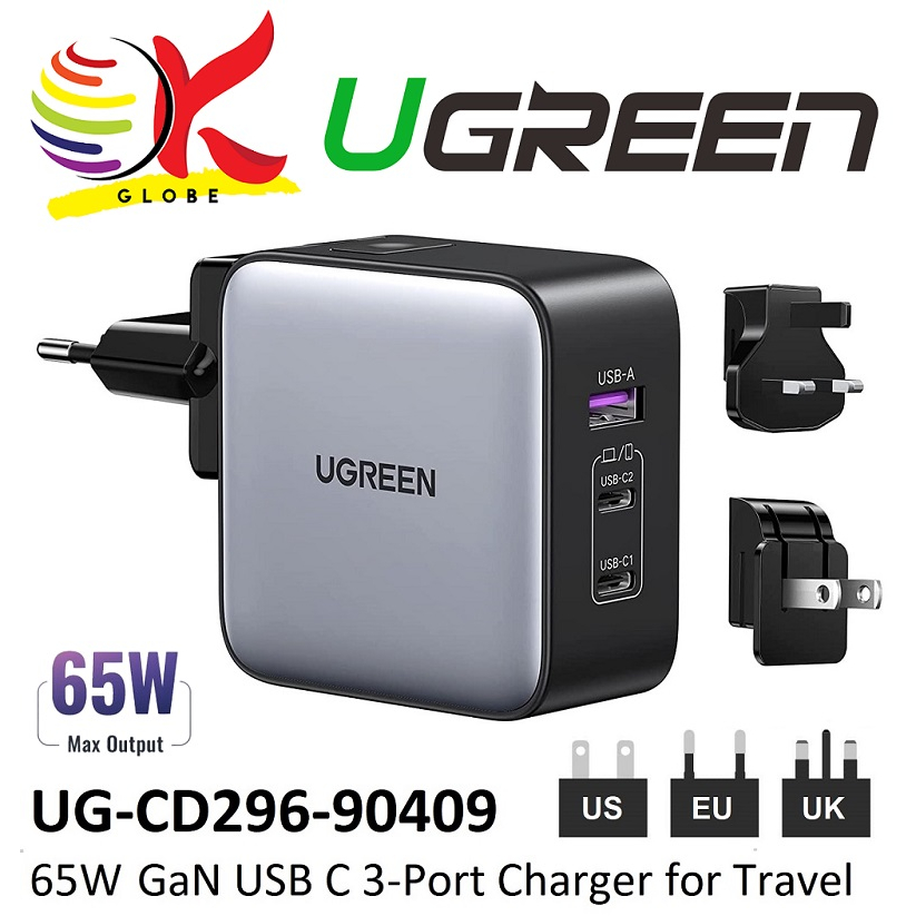 UGREEN 65W NEXODA GAN USB-C + USB-A 3 PORT FAST CHARGER WITH US/UK/EU ...