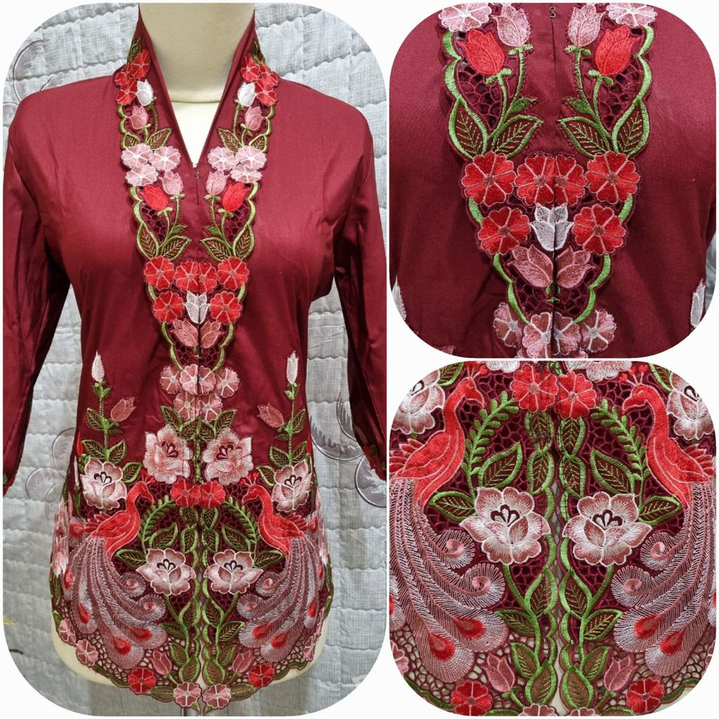 【READY STOCK】Baju Kebaya Nyonya Sulam Merak - Warna Maroon (Lengan 3 ...