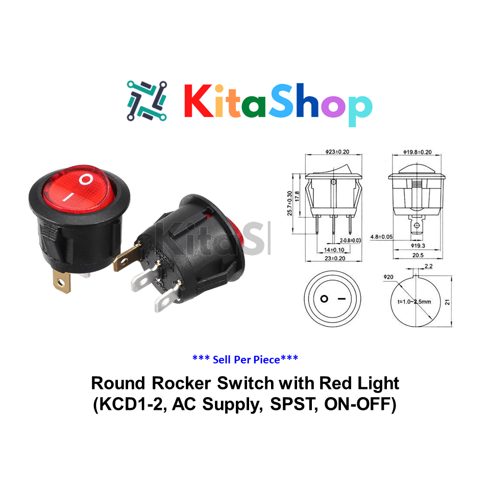 Round Rocker Switch with Red Light (KCD1-2, AC Supply, SPST, ON-OFF ...