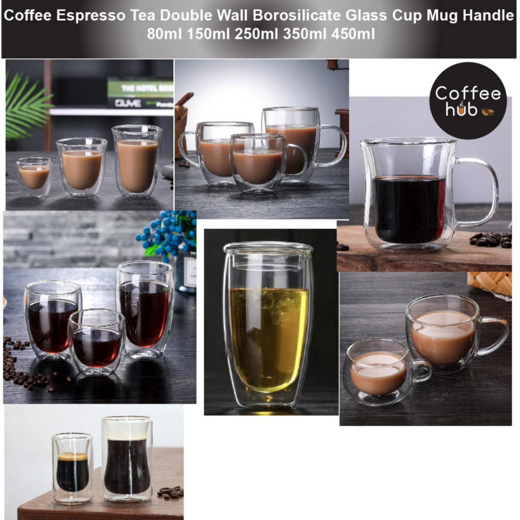 (Ready Stock)Coffee Espresso Tea Double Wall Borosilicate Glass Cup Mug Handle 80ml 150ml 250ml ...