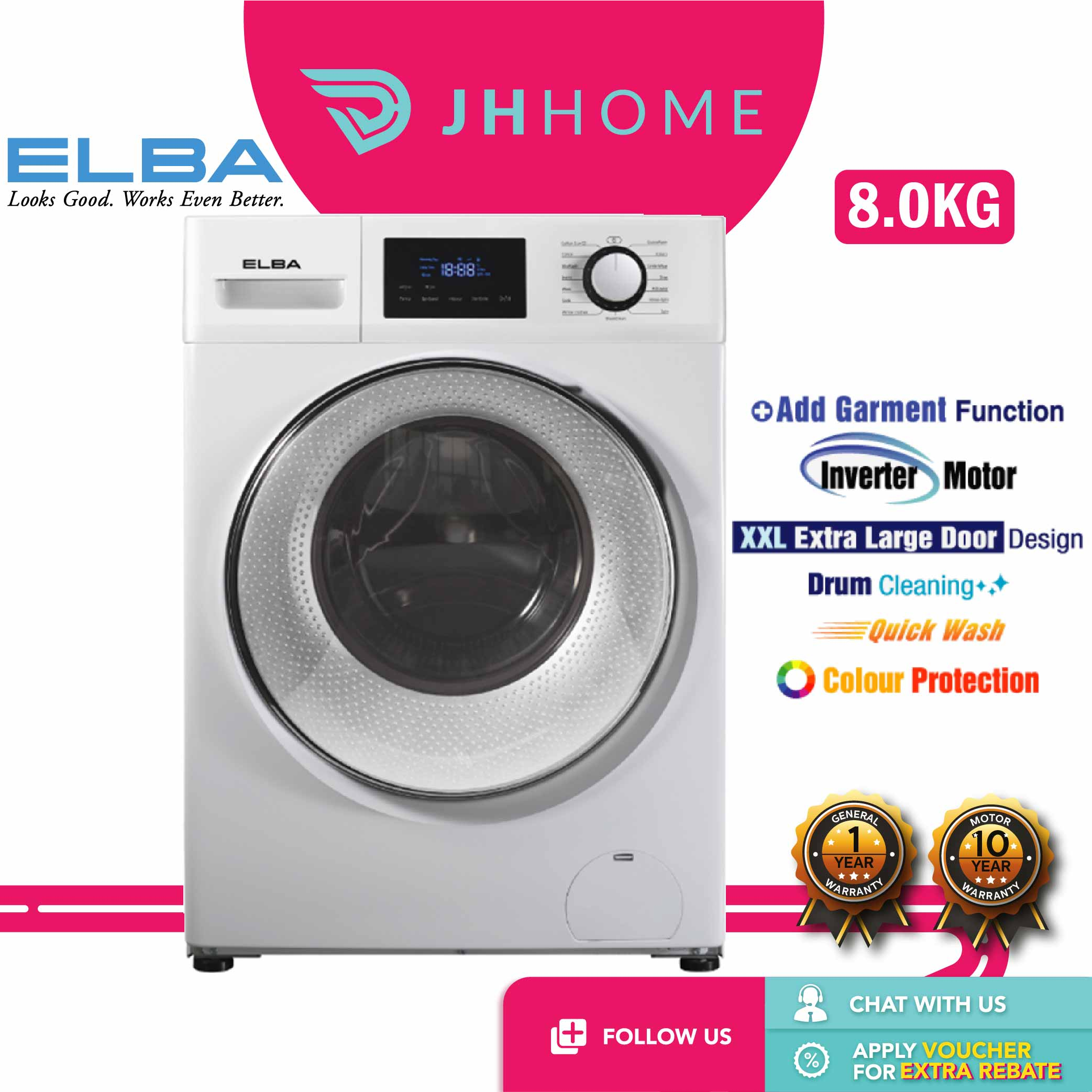 Elba Inverter 8KG Front Load Washing Machine EWF-J8020IN(WH) | Washer ...