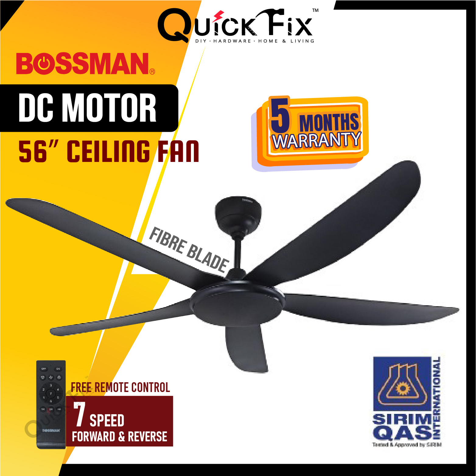 QuickFix Bossman 56" DC Motor Kipas 5 Blade Ceiling Fan 7 Speed SIRIM ...