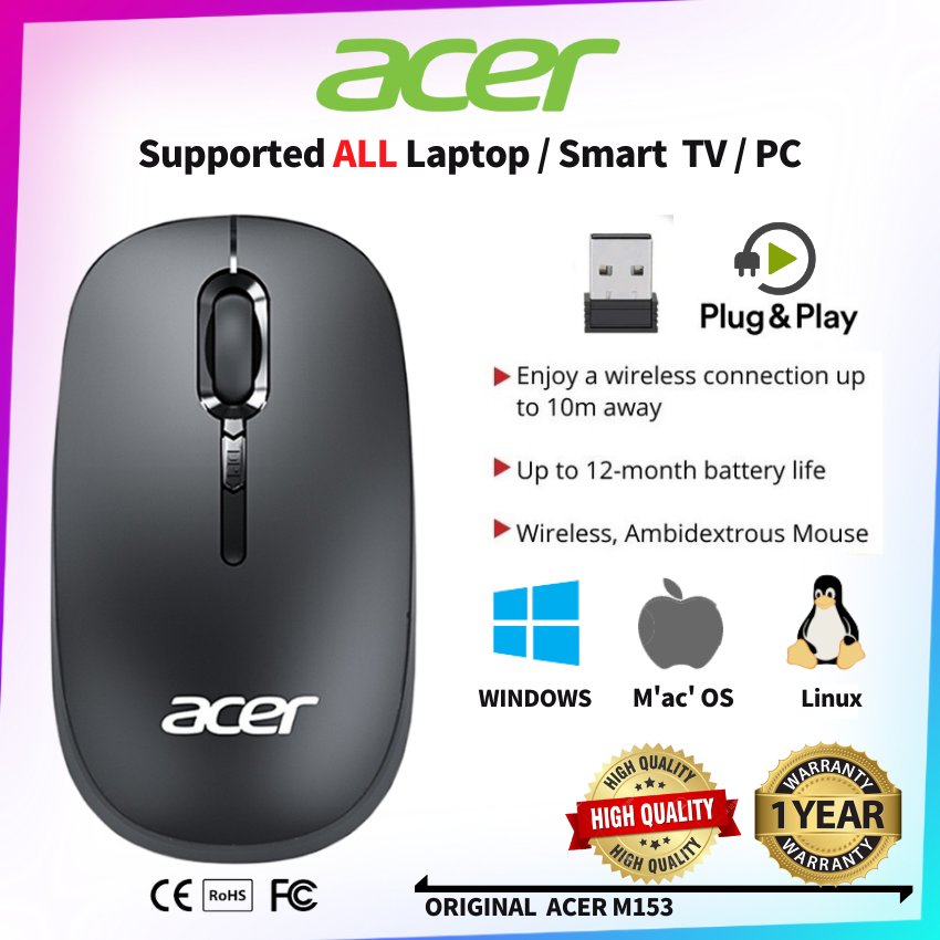 [1 Year Warranty] Wireless Mouse Original ACER M153 Wireless 2.4G USB Receiver Silent Click ...
