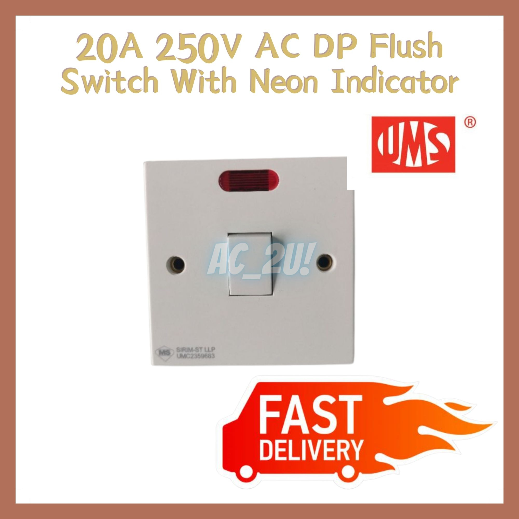 UMS 20A 250V AC DP Flush Switch With Neon Indicator Water Heater Switch ...